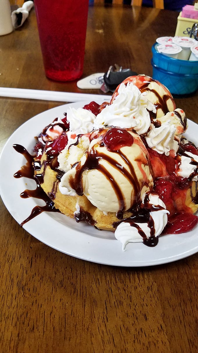 Holy cow! Or should I say, holy waffle? This dessert is what happens when a waffle and an ice cream sundae have a delicious love child.