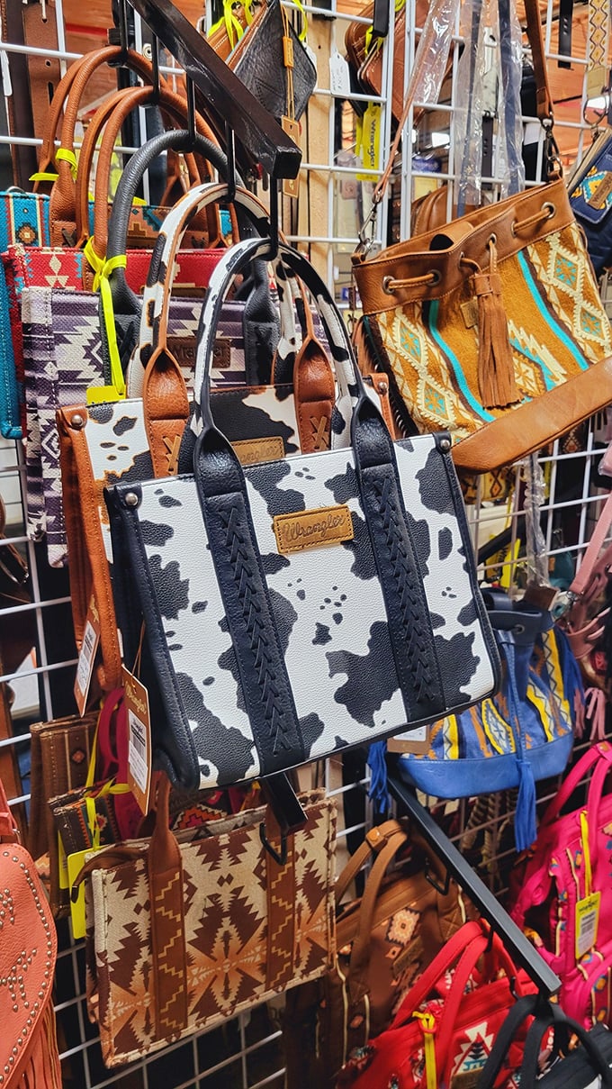 Cowboy chic meets practical fashion in this display of Western-inspired handbags. That cow print tote is practically screaming "Wyoming!"