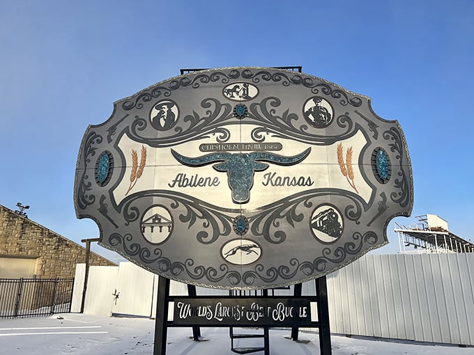Abilene's belt buckle: Where Western swagger meets Midwestern charm. It's like if John Wayne and Betty Crocker had a stylish love child.