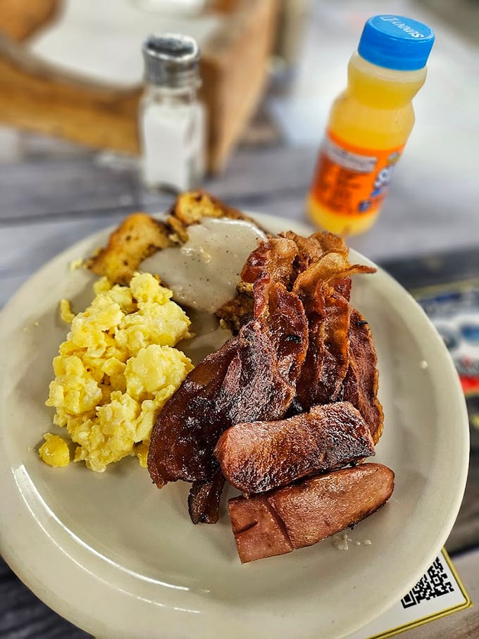 The breakfast of champions, or anyone who plans to skip lunch. Those bacon slices aren't just crispy&mdash;they're practically delivering a sermon on pork perfection.
