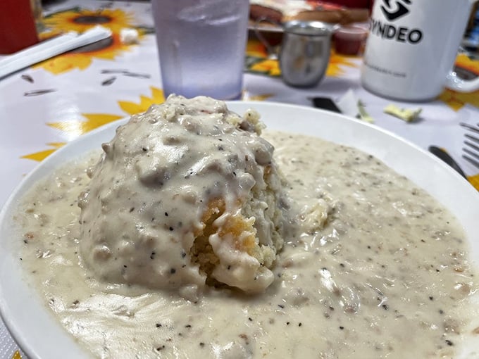 Biscuit mountain, population: you! These fluffy pillows of perfection are drowning in a sea of creamy gravy. It's like a warm hug for your taste buds &ndash; no fork-lift required!