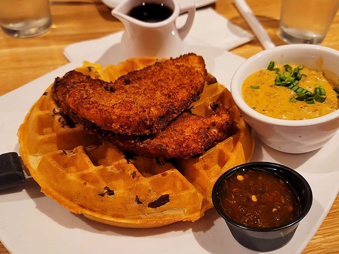 Chicken and waffles: The ultimate breakfast rebellion. It's like your plate decided to throw a party and invited all the cool kids.