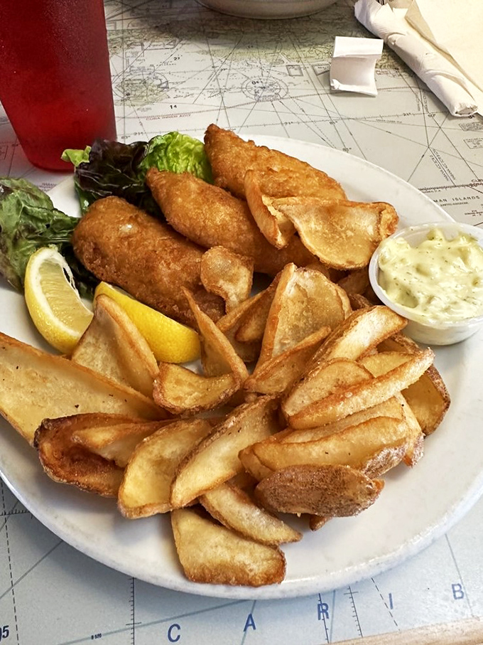 Fish and chips so crispy, you'll hear them crunch from the cockpit. Served on a map, because good food is always worth navigating to.