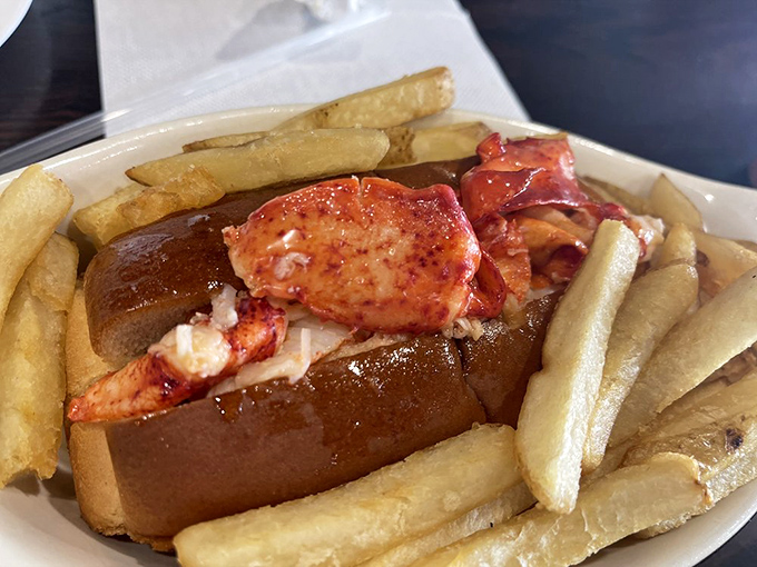 The lobster roll of your dreams has arrived. It's like a warm, buttery hug for your mouth. Fries on the side? Don't mind if I do!