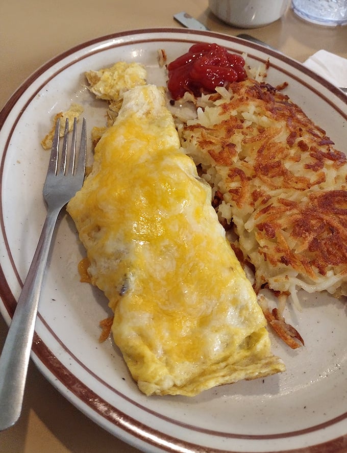 Meet the Mona Lisa of omelets - mysterious, alluring, and absolutely stuffed with cheesy goodness. Those crispy hash browns? The frame this masterpiece deserves.