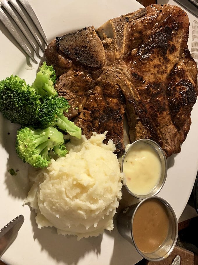 Steak so big, it needs its own zip code! This porterhouse is the John Wayne of steaks – bold, imposing, and unforgettable.