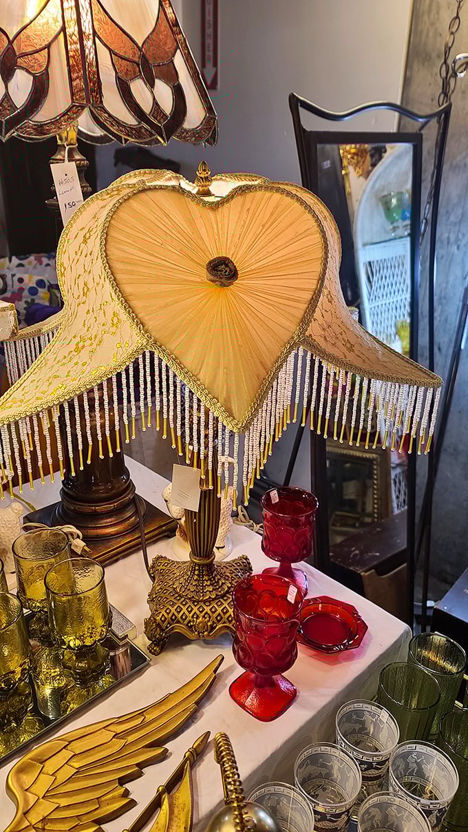 Illuminating finds! This heart-shaped lamp shade screams "1970s love nest," perfect for setting a groovy mood or channeling your inner Austin Powers.