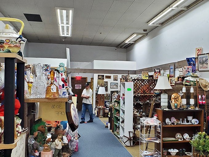 Spot the modern-day explorer! This intrepid shopper is on a quest for hidden gems among the aisles of yesteryear.