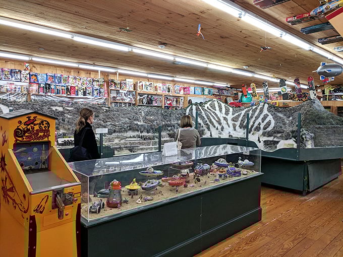 A carefully curated display showcases vintage winter sports memorabilia, perfect for those who remember when ski equipment wasn't quite so high-tech.