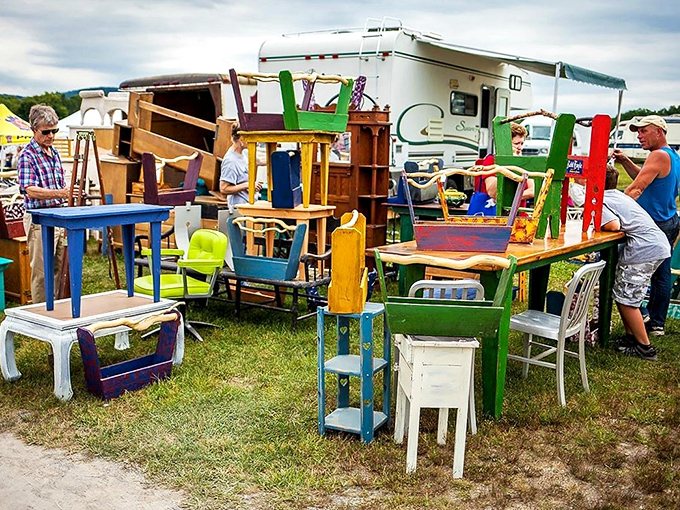 Musical chairs, flea market edition! A rainbow of seating options that'll make you want to play musical living rooms at home.