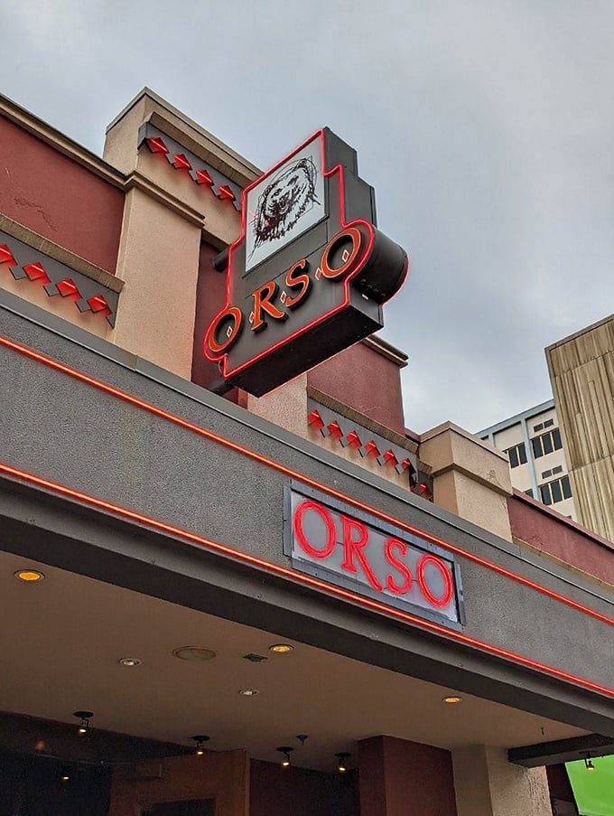 Orso: Where the bear meets the fare. This sleek signage hints at a wild culinary adventure waiting just behind those doors.