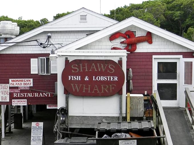 "Shaw's Fish & Lobster Wharf: Where lobsters go to fulfill their delicious destiny. That giant red crustacean on the roof? He's your dinner date."