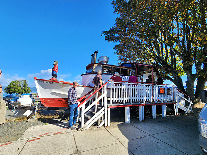 Astoria's floating feast! This grounded vessel serves up fish so fresh, it might still have sea legs.