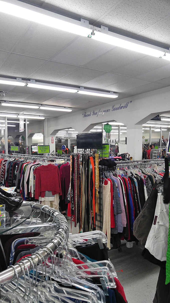 Rack after rack of possibilities! Goodwill's interior is like a choose-your-own-adventure book, but with clothes and knick-knacks.