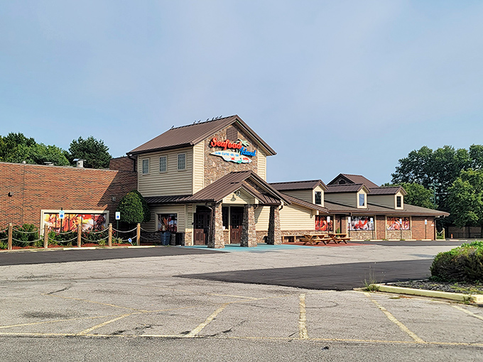 Rustic charm meets island flair at Seafood Island. It's like a luau crashed a barn raising, and everyone's invited!