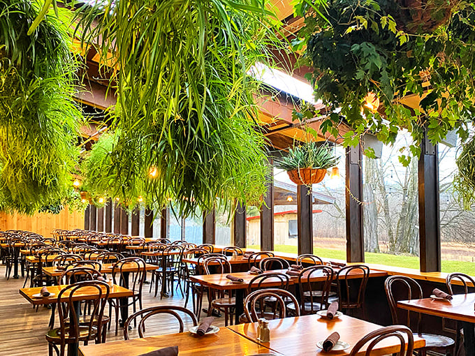 Step into a greenhouse of gastronomic delights! At Walpack Inn, the plants hang from the ceiling, but the steaks steal the show.