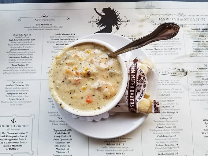 The chowder that launched a thousand ships: Mama's legendary clam concoction, served with a side of crackers and pure joy.