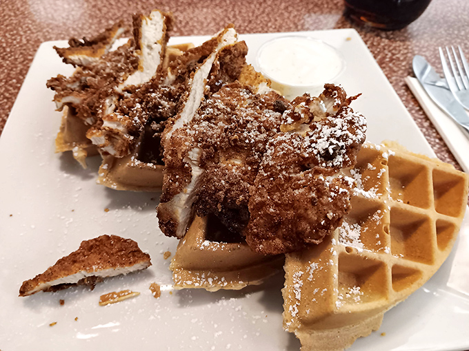 Chicken and waffles: the breakfast equivalent of a mullet. Business on the bottom, party on top. It's comfort food gone wild.