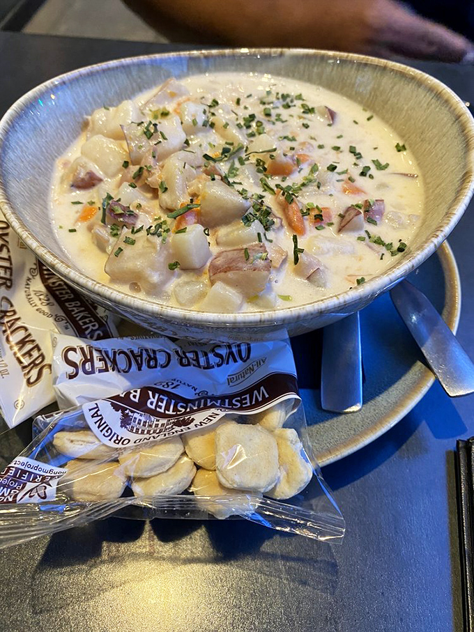 Clam chowder so hearty, it could've starred in "Moby Dick." A bowlful of briny bliss that's pure seafood poetry.