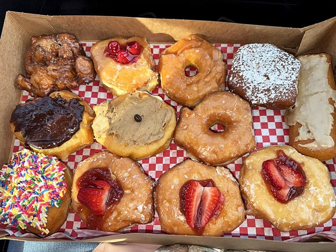 A box of happiness! This dozen donuts is like a painter's palette, but instead of colors, it's flavors that'll make your mouth sing.