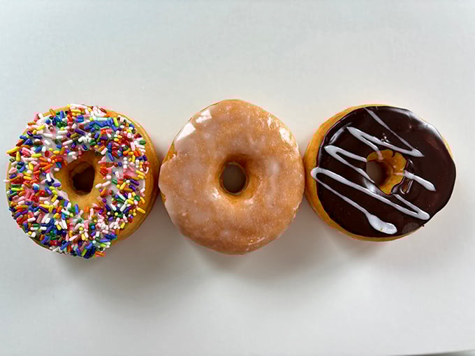 A holy trinity of donut perfection: glazed, sprinkled, and chocolate-frosted. It's like the Three Musketeers, but instead of "All for one," it's "All for yum!"