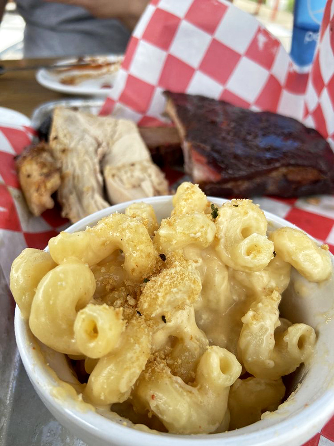 The mac and cheese close-up that launched a thousand road trips. Those breadcrumbs on top are the culinary equivalent of a perfect sunset.