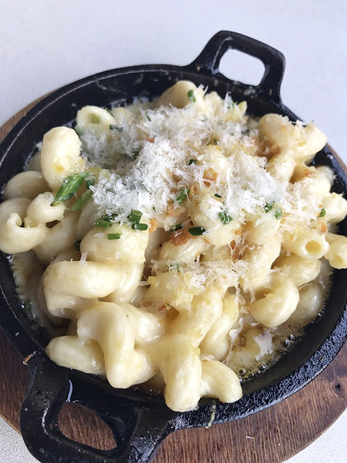 The classic mac and cheese arrives bubbling with promises it fully intends to keep. Comfort food that hugs you from the inside.