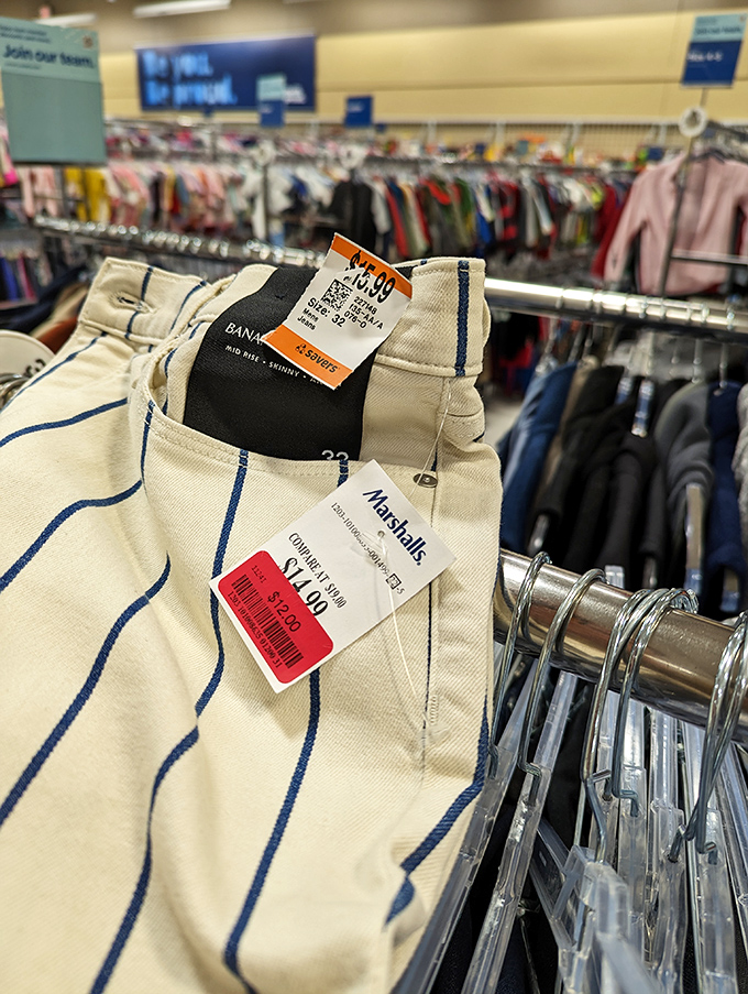 Thrifty shopping pays off when you discover stylish striped jeans featuring multiple discount tags that promise a truly incredible bargain.