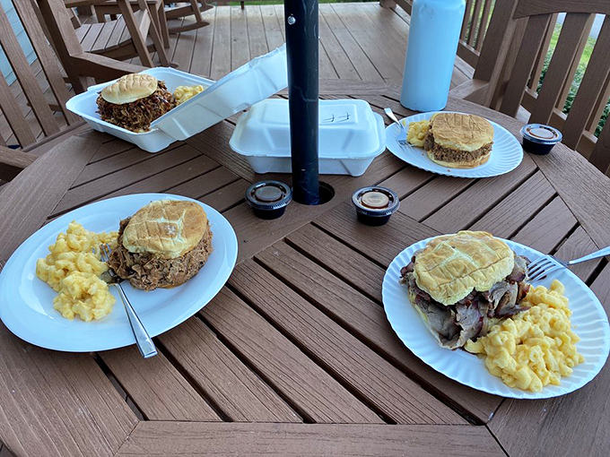 Outdoor dining with mac and cheese that looks like it should have its own Instagram account. These sandwiches aren't just meals, they're monuments.