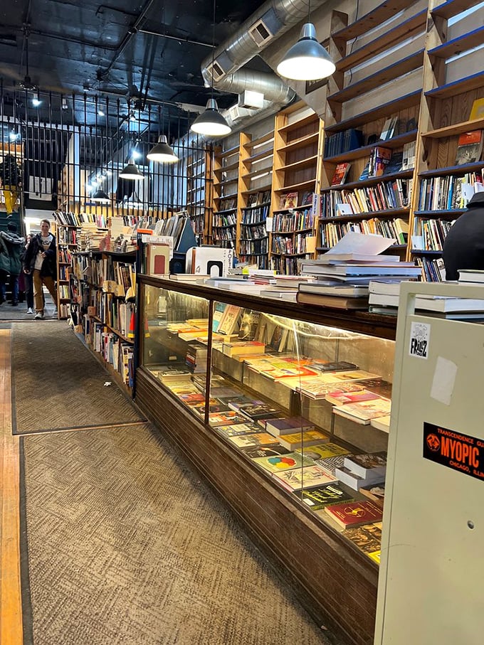 No need for a library card here! Myopic's display case showcases new arrivals like a museum of modern literature.