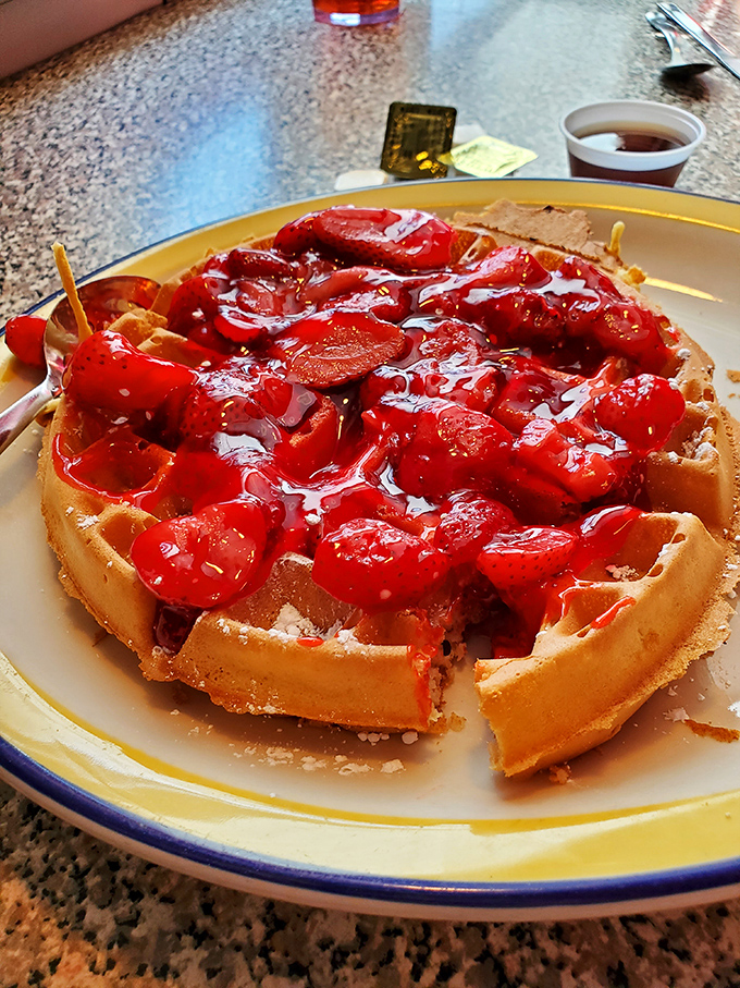 Red alert! This strawberry-topped waffle isn't just a breakfast &ndash; it's a berry good reason to get out of bed. Crispy, fruity, and oh-so-photogenic.