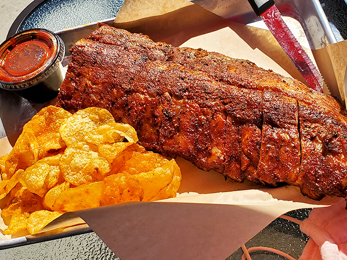 Rack 'em up! This full rack of ribs is so perfectly cooked, it could make a vegetarian reconsider their life choices.