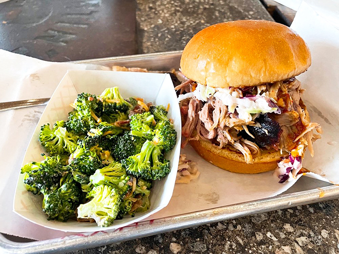The ultimate power couple! This BBQ pork sandwich and broccoli salad are like Fred Astaire and Ginger Rogers - opposites that dance beautifully together.