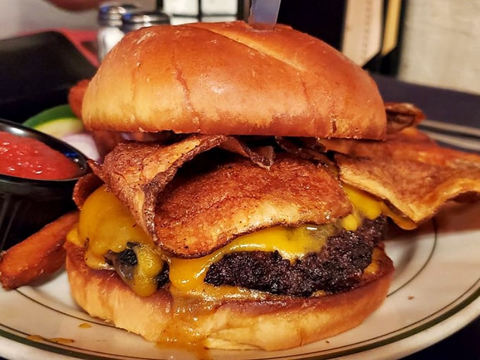 Move over, plain Jane burgers! This BBQ chip-topped creation is the Elvis of the burger world &ndash; bold, saucy, and unforgettable.