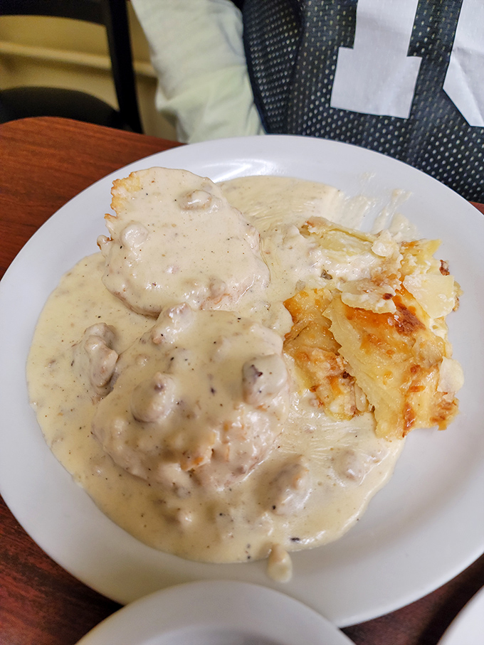 Gravy so good, you'll want to bathe in it! This hearty plate is comfort food personified.