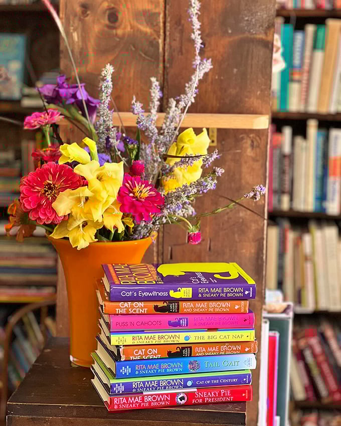 Feline fiction fiesta! Rita Mae Brown's cat-tastic collection purr-fectly pairs with a cozy chair and a cup of tea for the ultimate literary cat nap.