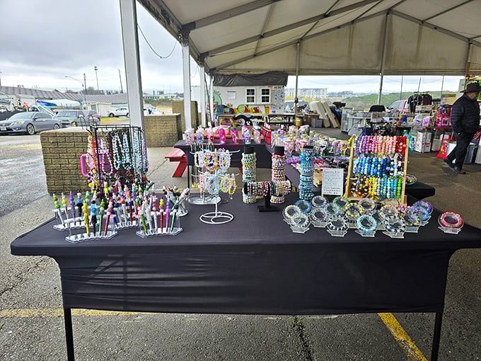 Bling central! From friendship bracelets to phone charms, this stall's got more sparkle than a rodeo queen's tiara collection.
