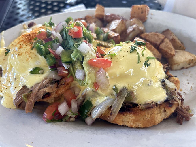 Holy guacamole! This Carnitas Benedict is where South of the Border meets Down Home Delicious. It's a fiesta for your taste buds, no passport required.