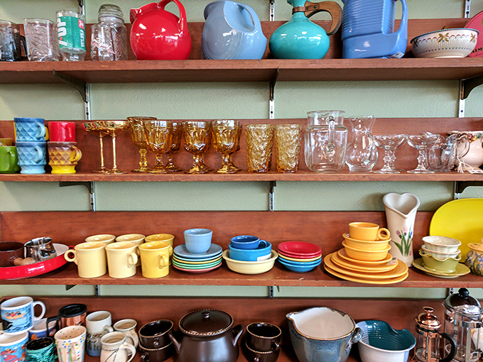 Shelf after shelf of vintage charm! It's like your grandmother's china cabinet exploded, but in a good way.
