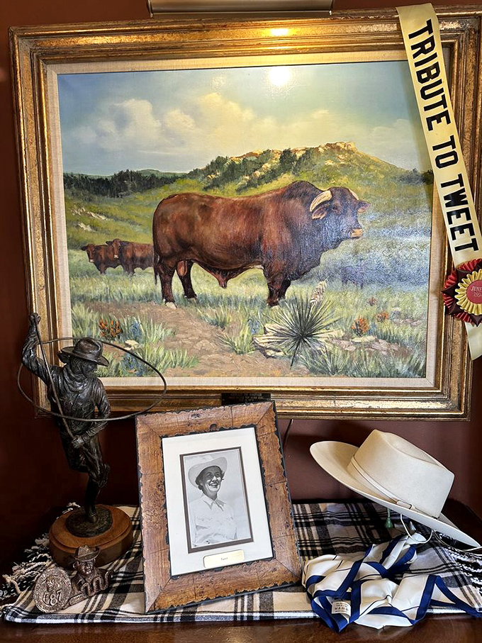 Holy cow! This painting pays tribute to Cherokee Ranch's bovine royalty. It's a moo-ving portrait of Colorado's cattle legacy.