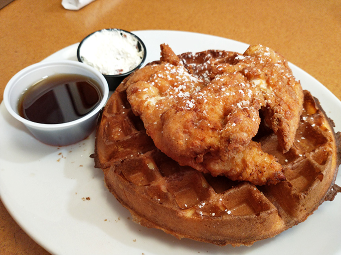 The ultimate breakfast dilemma: Do you eat the chicken first, or the waffle? Why not both at once?