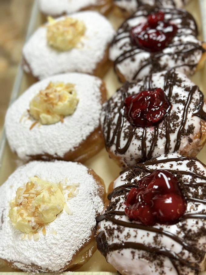 Coconut cream and Black Forest donuts: proof that sometimes, you can improve on perfection. It's like a tropical vacation and a German holiday had a delicious baby.