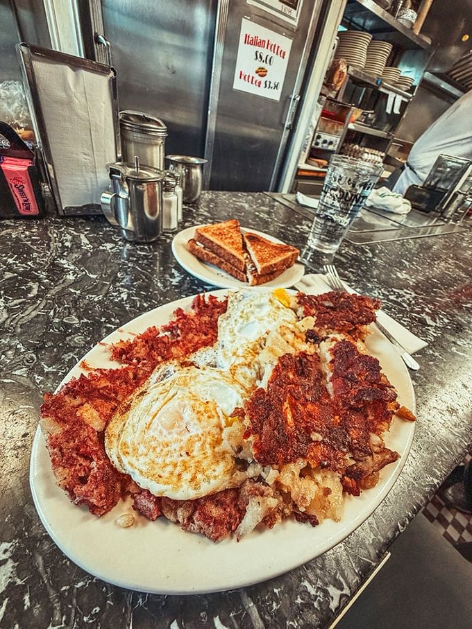 Corned beef hash with eggs sunny-side up &ndash; the breakfast equivalent of finding a parking spot right in front of your destination in Manhattan.