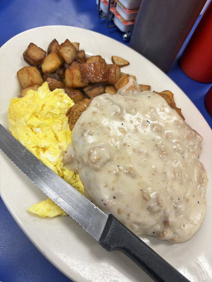 Behold, the country-fried steak! It's like chicken-fried steak's beefy cousin decided to crash your breakfast party. Spoiler alert: You'll be glad it did.