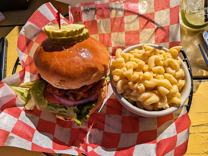 The ultimate power couple: a crab cake sandwich that'll make you weak in the knees, paired with mac 'n' cheese that's comfort in a bowl.