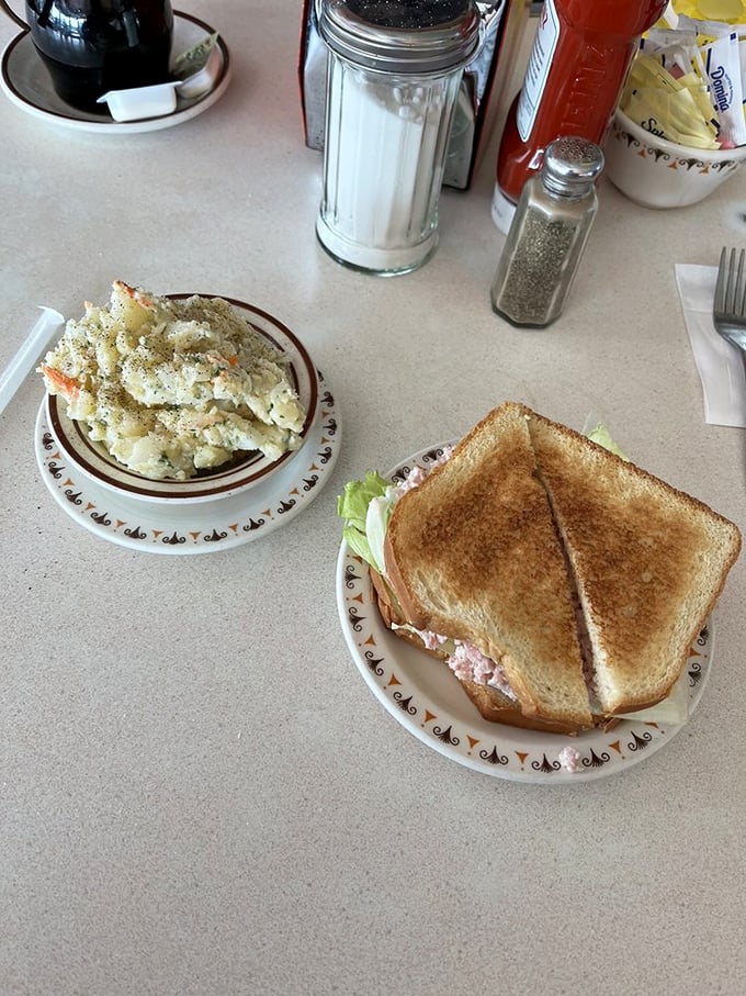 The dynamic duo of diner delights! This potato salad and chopped ham sandwich are ready to save your hunger pangs from certain doom.