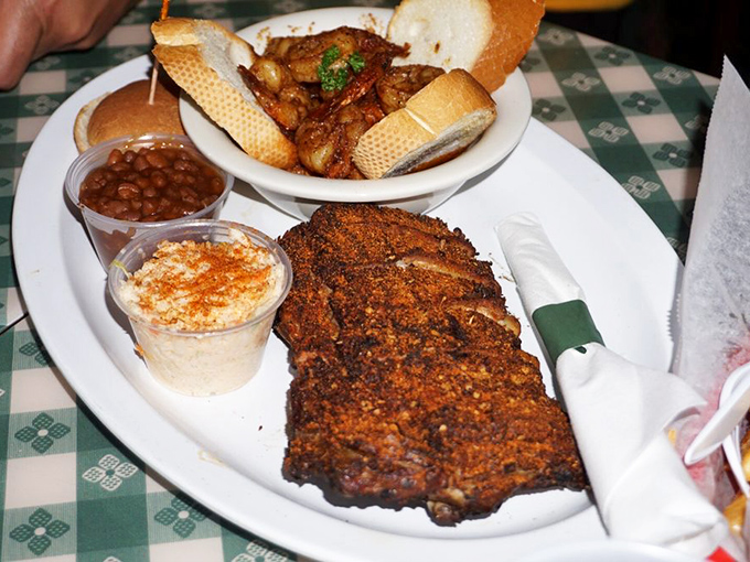 Dry rub ribs that'll make you forget your manners, paired with shrimp that could convert Bubba Gump himself.
