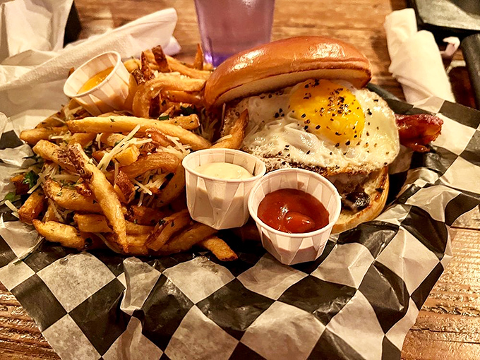 Breakfast meets lunch in this egg-topped burger. It's like your taste buds are having a party, and everyone's invited!