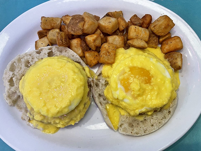 English muffins transformed into thrones for perfectly poached eggs and hollandaise. Benedict Arnold may have been a traitor, but these Benedicts are loyal to deliciousness.