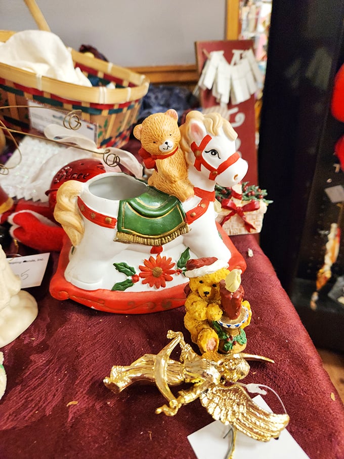 Giddy up, little bear! This whimsical figurine proves that even stuffed animals need a trusty steed. Yeehaw meets aww in this charming knick-knack.